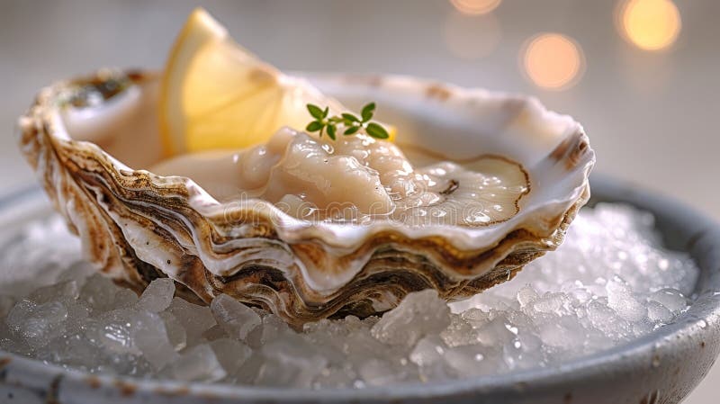 A Single Freshly Shucked Oyster on the Half Shell, Garnished with a ...