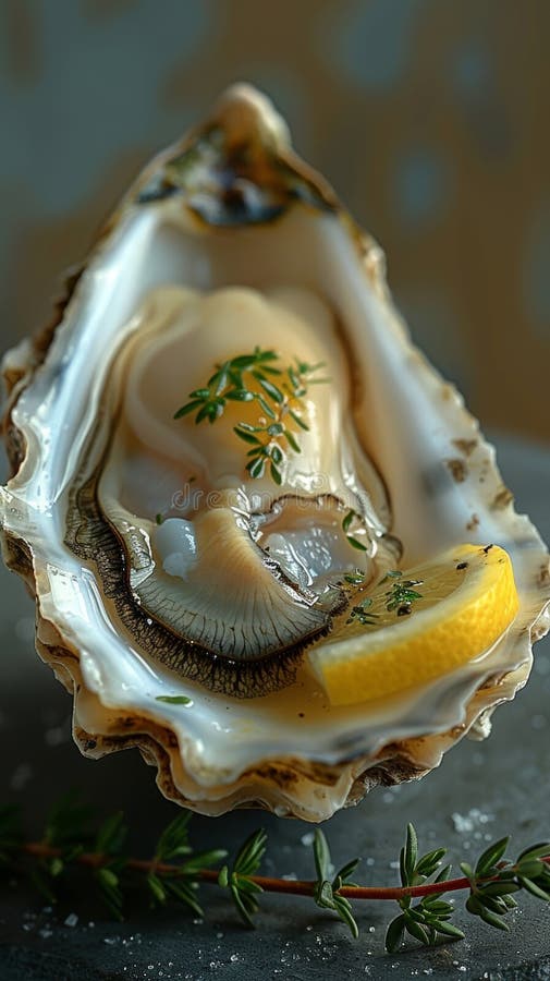 A Single Freshly Shucked Oyster on the Half Shell, Garnished with a ...