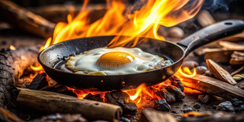 A Single Fried Egg Sizzling in a Rustic Cast Iron Skillet Over an Open ...