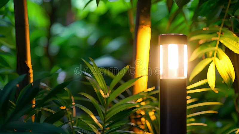 A Single Garden Light Surrounded by Lush Greenery and Casting a Warm ...