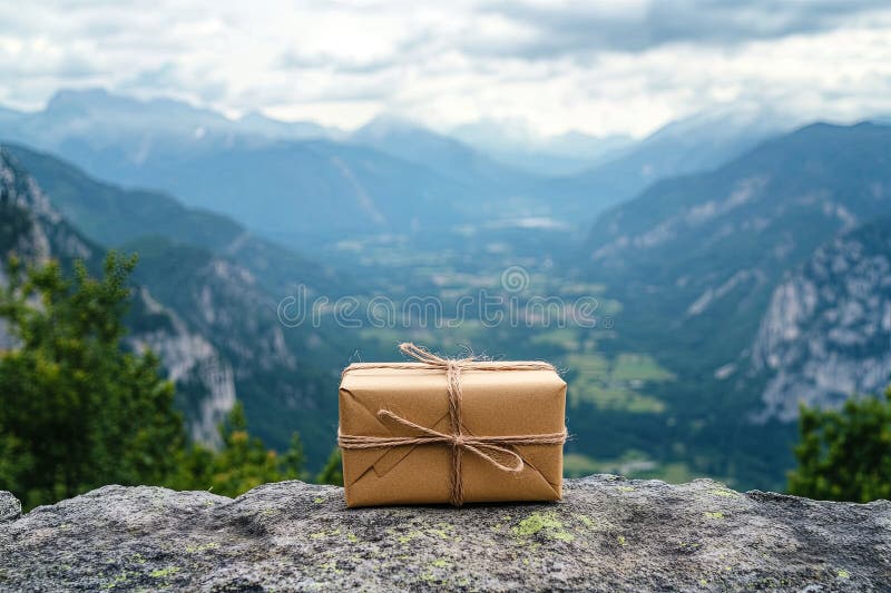 A Single Gift Box Tied with Twine Placed on a Stone Ledge Overlooking ...