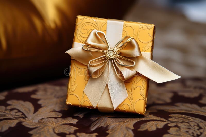 A Single Gift Tag Attached To a Wrapped Gift with a Golden Bow Stock ...