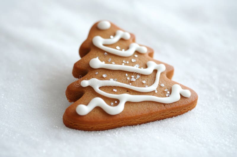 Gingerbread Cookie Shaped Like a Tree Decorated with Icing on a Snowy ...