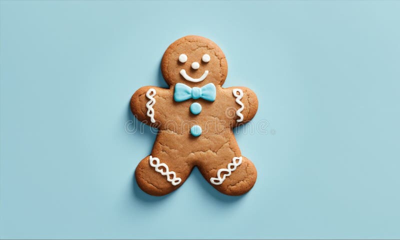 Gingerbread Man Cookie with Light Blue Bow Tie on Blue Background Stock ...