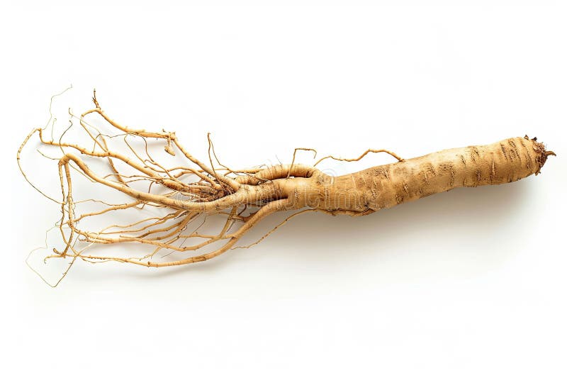 Single Ginseng Root with Extensive Root System on White Background ...