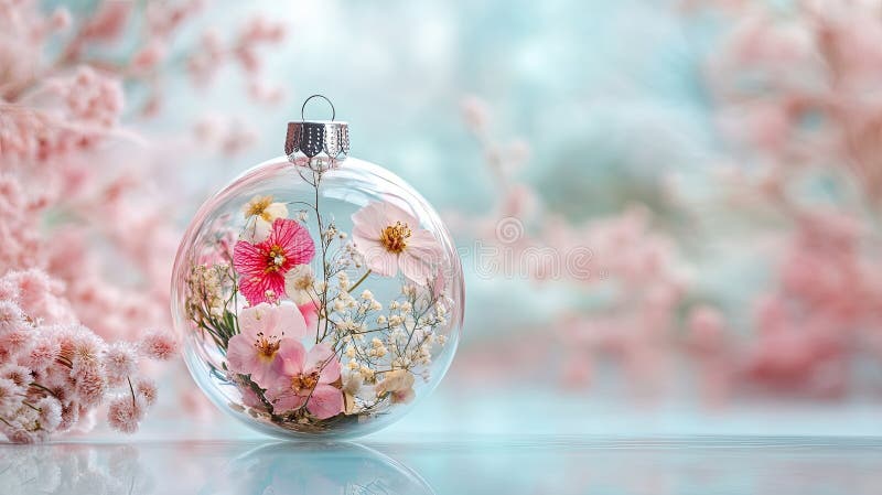 A Single Glass Bauble Filled with Pressed Flowers, Styled on a Soft ...