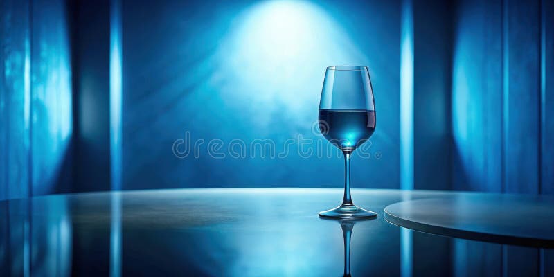 A Single Glass of Deep Blue Liquid Sits on a Reflective Surface, Bathed ...