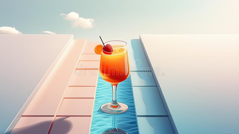 Single Glass of Fruit Juice with Ice on Poolside Table, Bathed in Warm ...