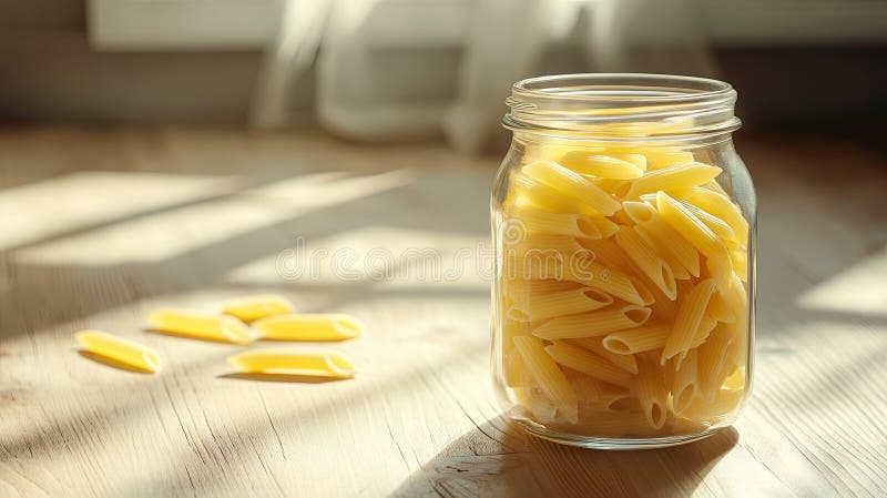 Single Glass Jar Dry Penne Pasta Styled Light Wooden Table Stock Photos ...