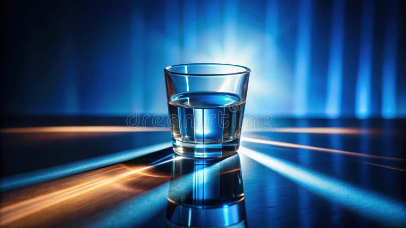 A Single Glass of Liquid Sits on a Reflective Surface, Illuminated by ...