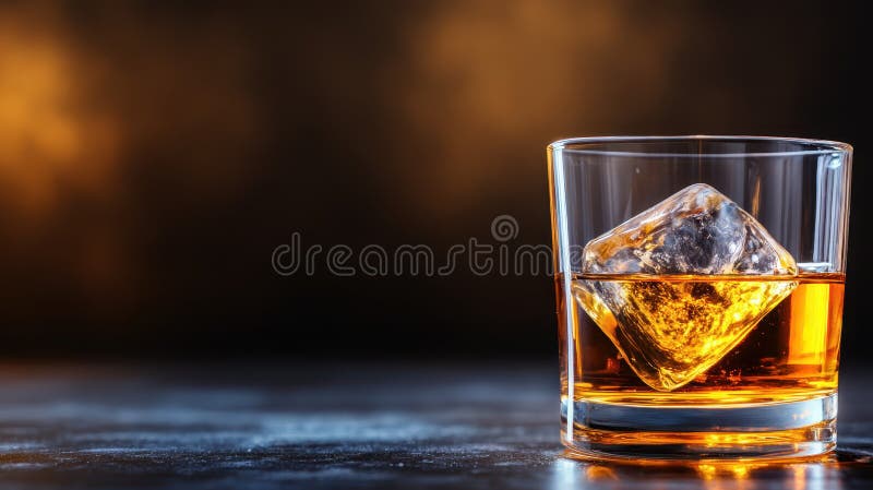 Single Glass of Whiskey with Large Ice Cube, Creating Warm Ambiance ...