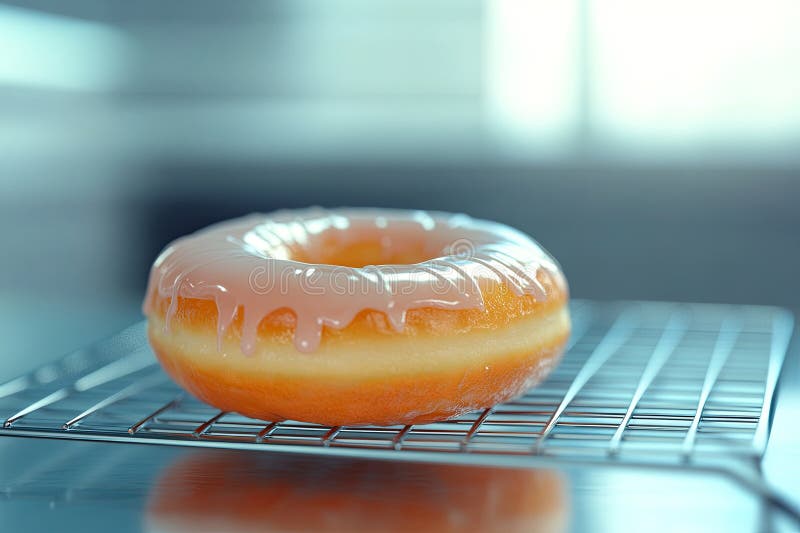 A Single Glazed Donut Cooling on a Wire Rack with Faint Reflections ...