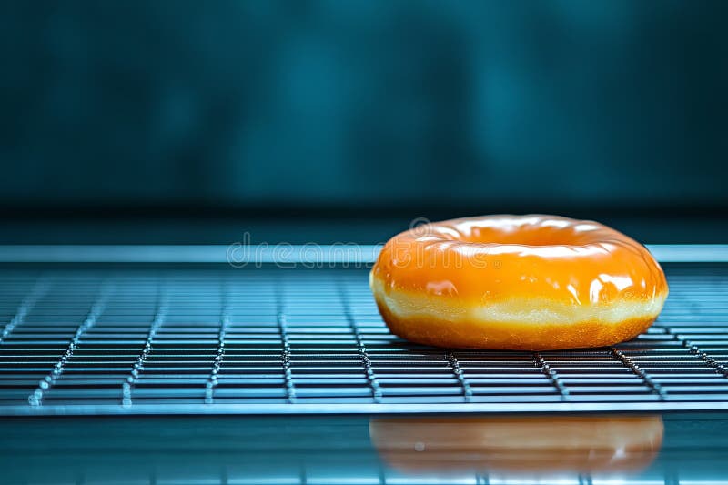A Single Glazed Donut Cooling on a Wire Rack with Faint Reflections ...