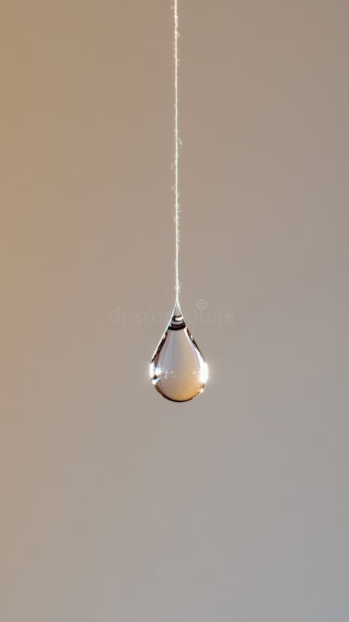 Water Droplet Hanging from a Thread, Reflecting Light on a Neutral ...