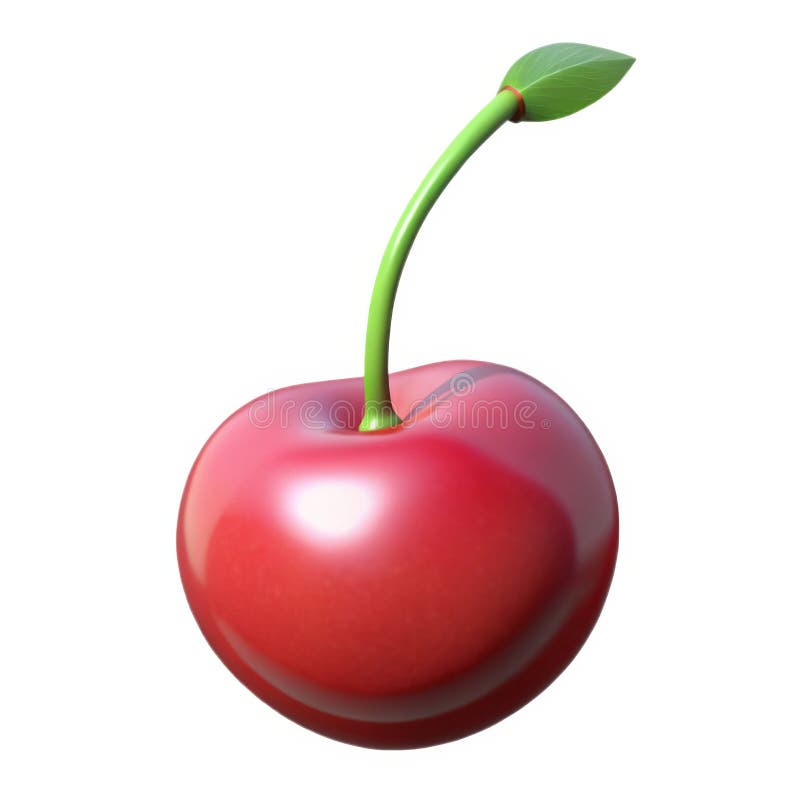 Single Glossy Red Cherry with Green Stem and Leaf on White Background ...
