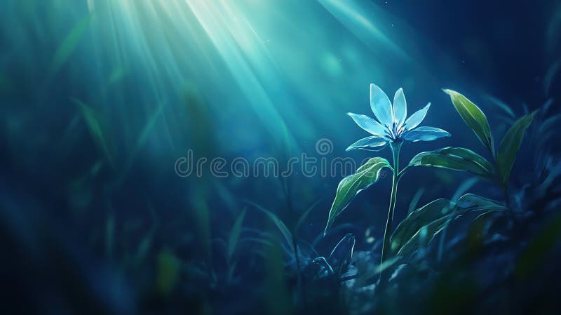Single Glowing Blue Flower in Dark Forest with Sun Rays Stock Photo ...