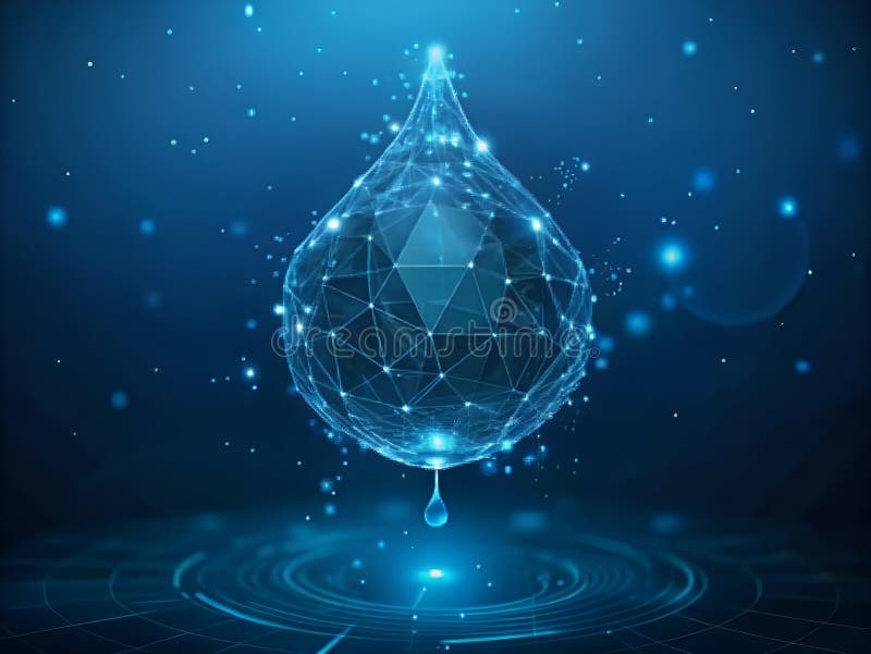 A Single, Glowing Blue Water Drop Made of Interconnected Points and ...