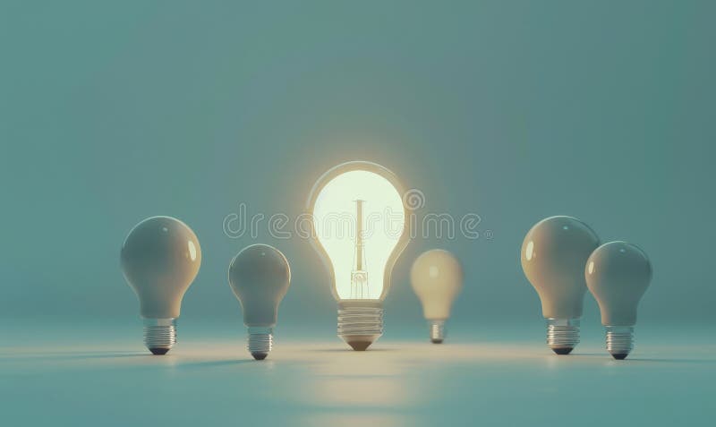 A Single Glowing Bulb Illuminates a Group of Four Gray Bulbs, Creating ...
