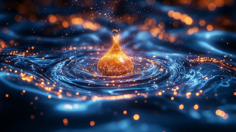 A Single Glowing Drop of Water Surrounded by Digital Waves Stock Photo ...