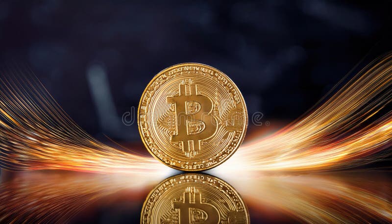 Single Glowing Gold Coin Stands Upright on Reflective Surface ...