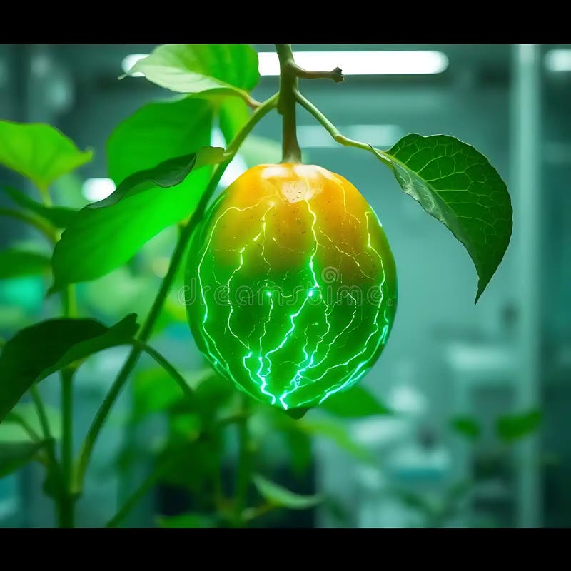A Single Glowing Lemon Hanging on a Plant Branch Stock Illustration ...