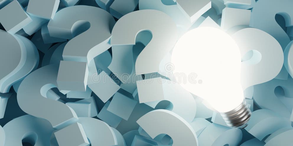 Single Glowing Light Bulb on Heap of Question Marks, Solution, Answer ...