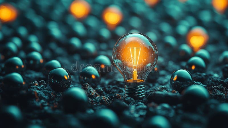 Single Glowing Light Bulb among Reflective Black Spheres Stock Photo ...