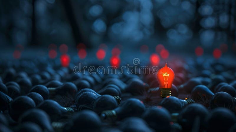 Single Glowing Lightbulb Standing Out in a Field of Dim Bulbs Stock ...