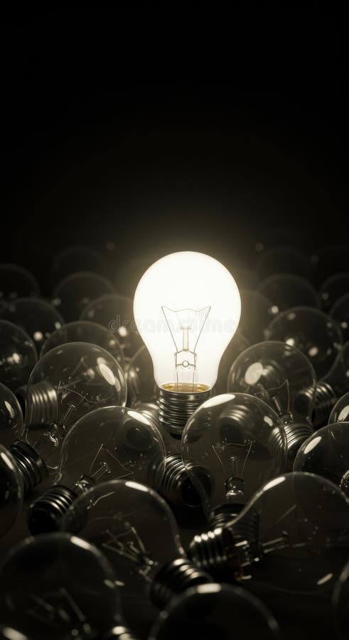 A Single Glowing Lightbulb Stands Upright among Many Unlit Bulbs Lying ...