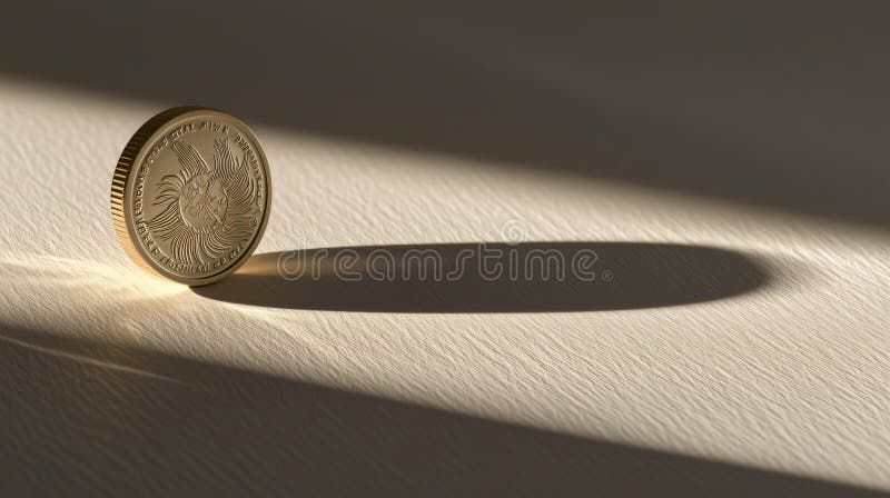 Single Gold Coin Standing on Edge Casting Shadow on White Surface Stock ...