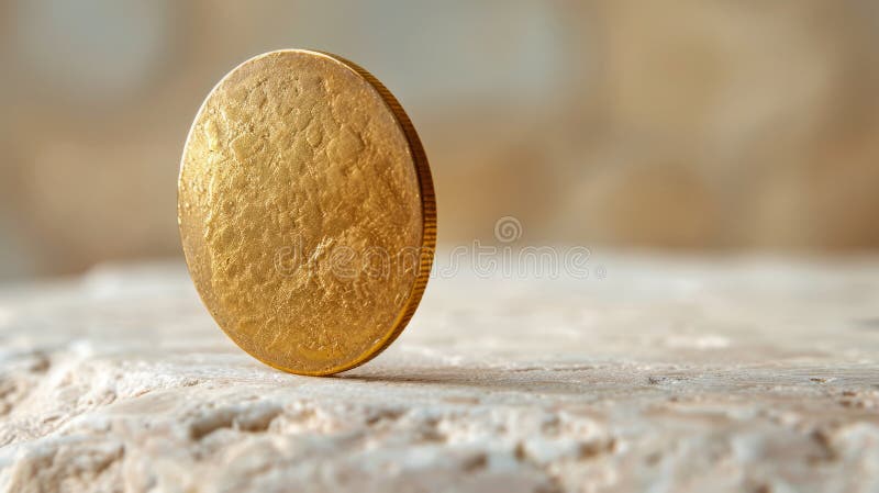 Single Gold Coin Standing Upright on a Textured Surface Stock Photo ...