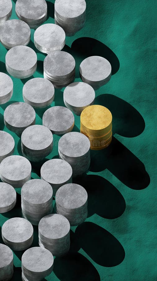 Single Gold Coin Stands Out among Many Silver Coins Green Surface ...