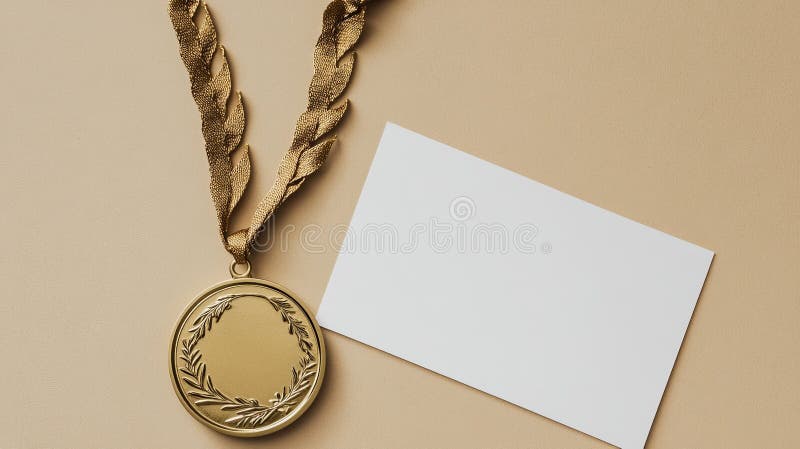 A Single Gold Medal Lying Next To a Blank Card on a Beige Backdrop ...