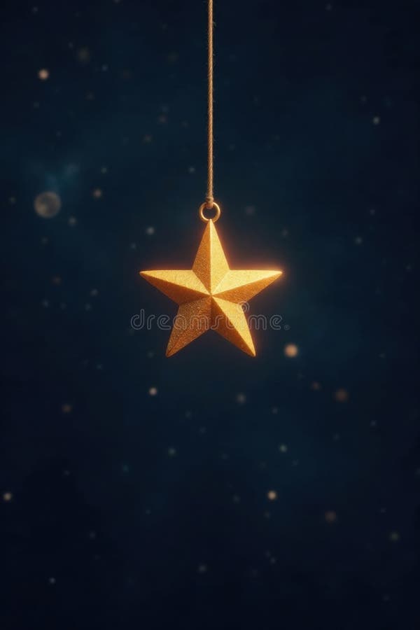 A Single Gold Star Hangs from a Thread in the Center of a Dark Space ...