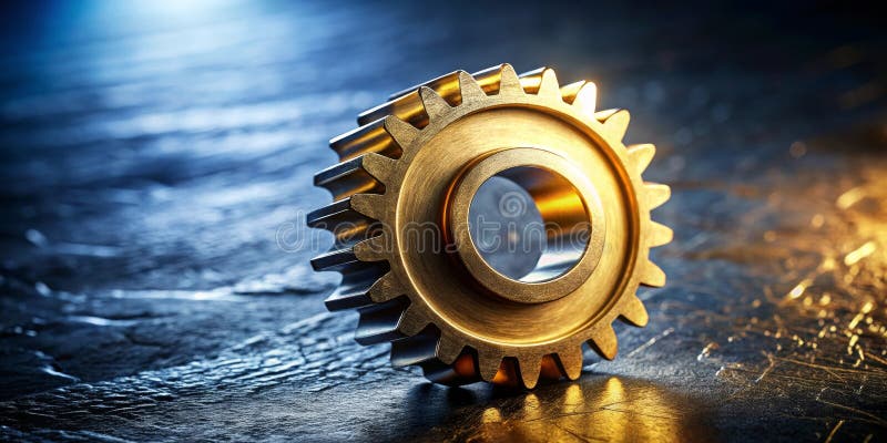 A Single Golden Gear Rests on a Dark Metallic Surface, Reflecting Light ...