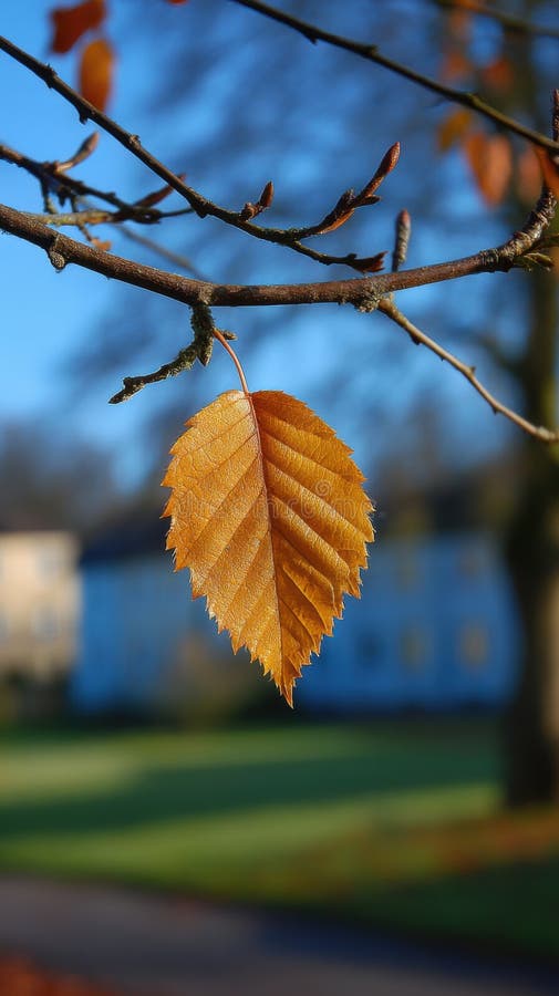 Single Golden Leaf Hanging on a Tree Branch during Autumn Sunlight ...