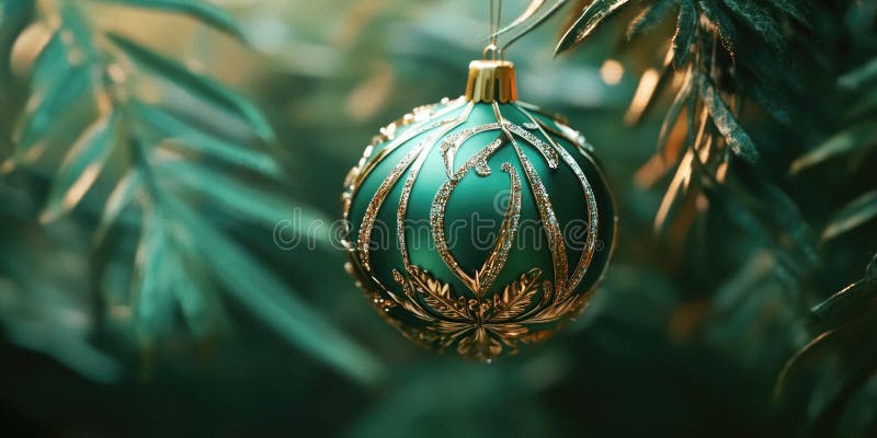 A Single Green Christmas Ornament Hangs from the Branch of a Decorated ...