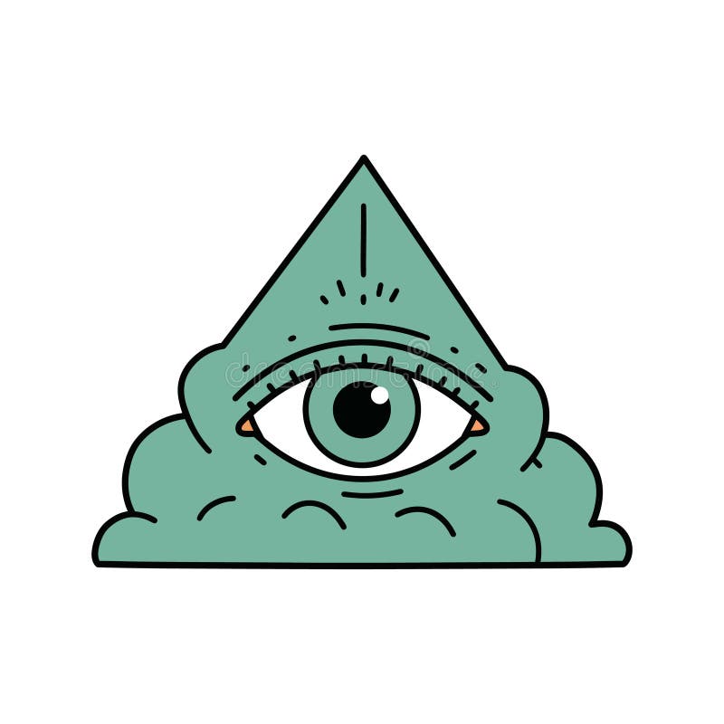 Single Green Eye Inside Triangular Pyramid with Cloud Base Flat Minimal ...