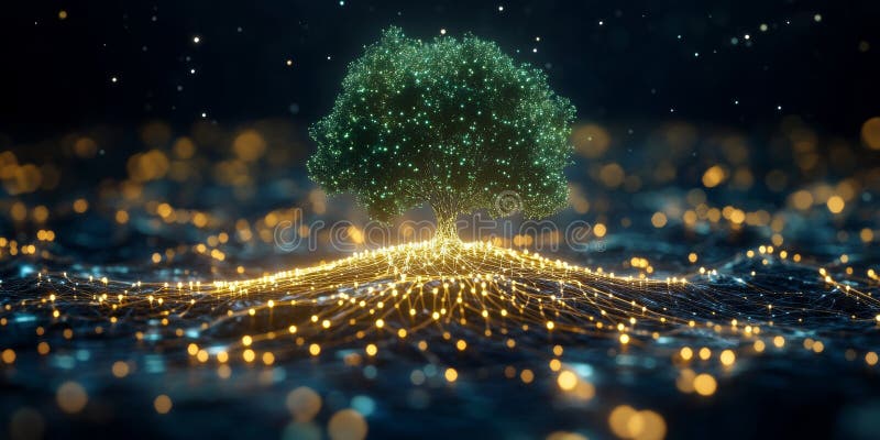Single, Green and Gold Neural Network Tree Rooted with a Black, High-definition Digital ...