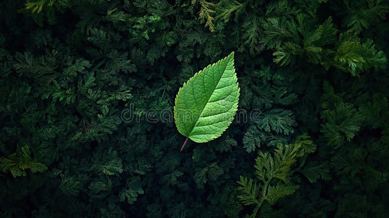Single Green Leaf on Dark Green Foliage Background Stock Illustration ...