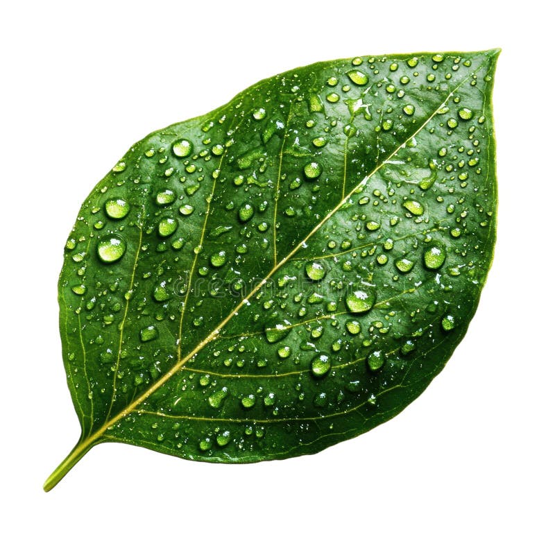 A Single Green Leaf with Dew Drops on White Background Stock ...