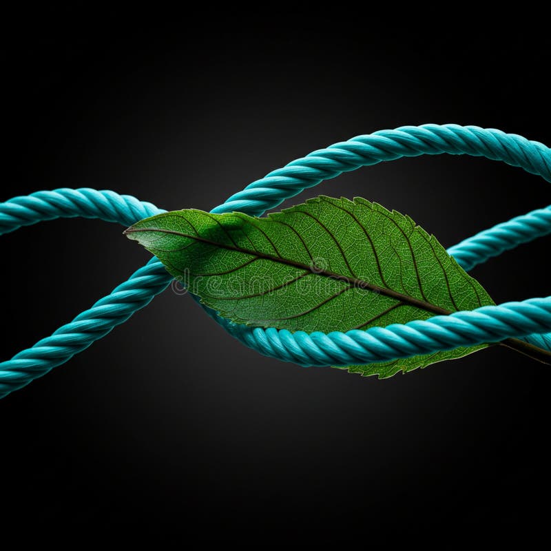 A Single Green Leaf is Interwoven with Two Bright Turquoise Ropes ...