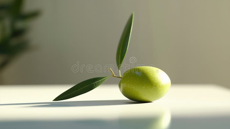 A Single Green Olive with Two Attached Leaves Rests on a Smooth ...