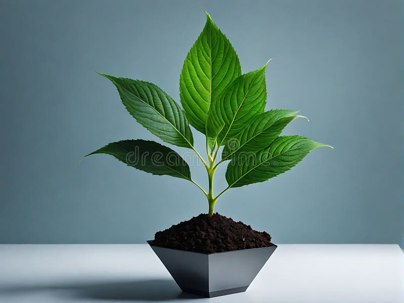 Single Green Plant in a Black Pot Stock Image - Image of foliage, blue ...