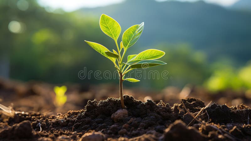 A Single Green Plant Seedling Grows in Rich Brown Soil with a Blurred ...