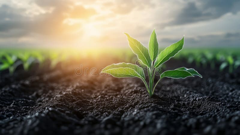 A Single Green Sprout Emerges from Rich Soil, Bathed in the Golden Glow ...