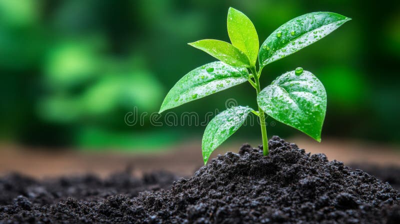 A Single Green Sprout Emerging from Dark Soil with Water Droplets on ...