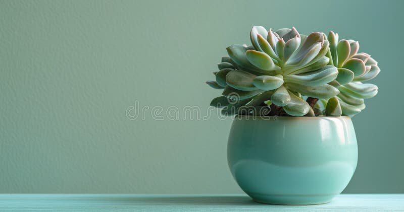 A Single Green Succulent Plant in a Mint Green Pot on a White Surface ...
