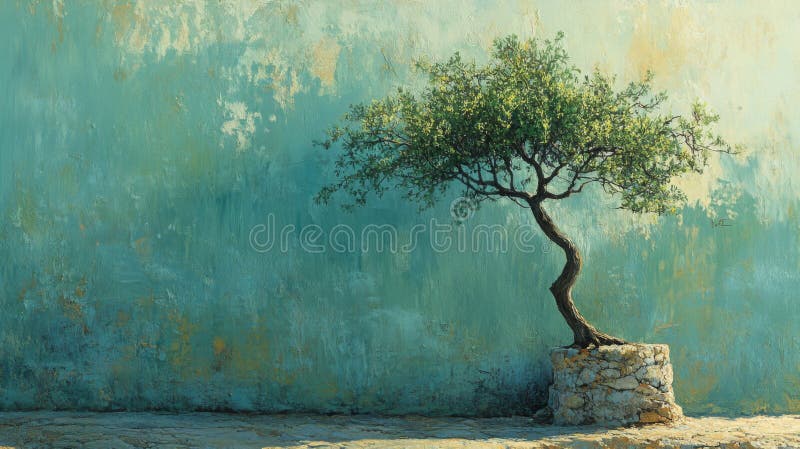 Single Green Tree Against Textured Teal Wall Stock Illustration ...