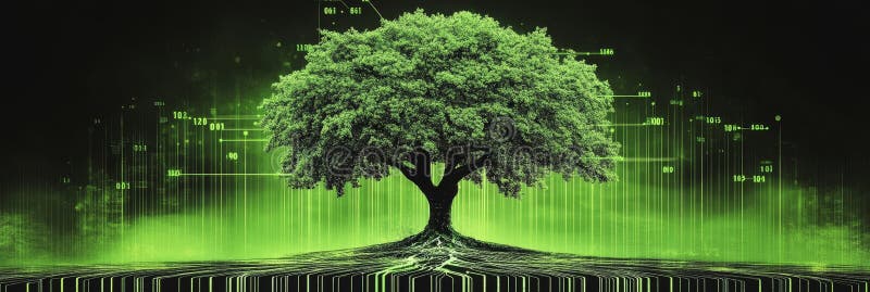 Single Green Tree with Digital Neuron Roots and Black Background ...